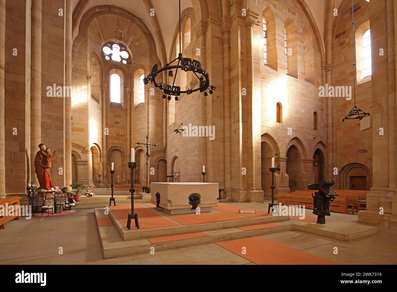 Interior view with chancel of the Romanesque abbey church, altar ...