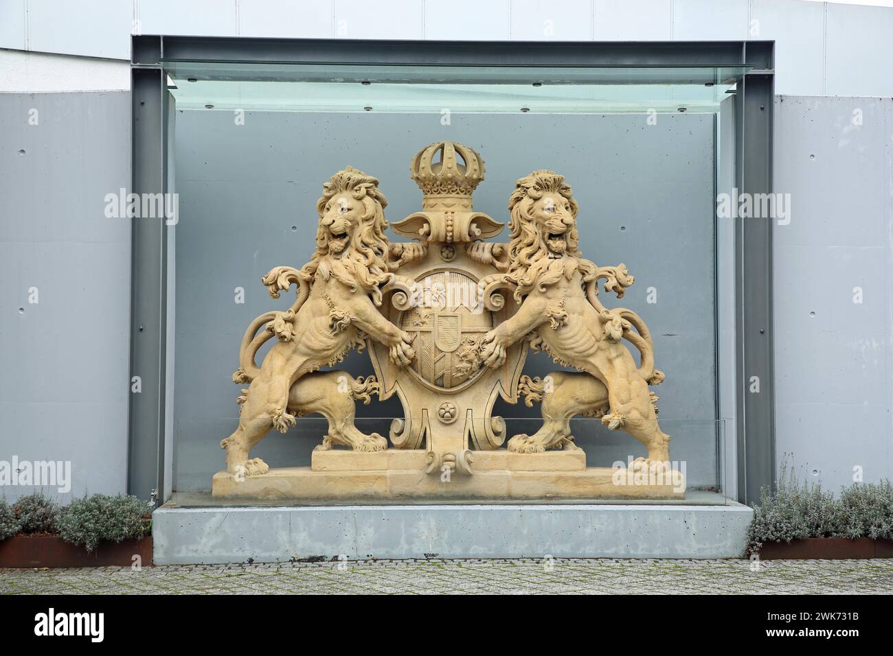Two lion figures with coat of arms and crown from the historic Kingdom ...