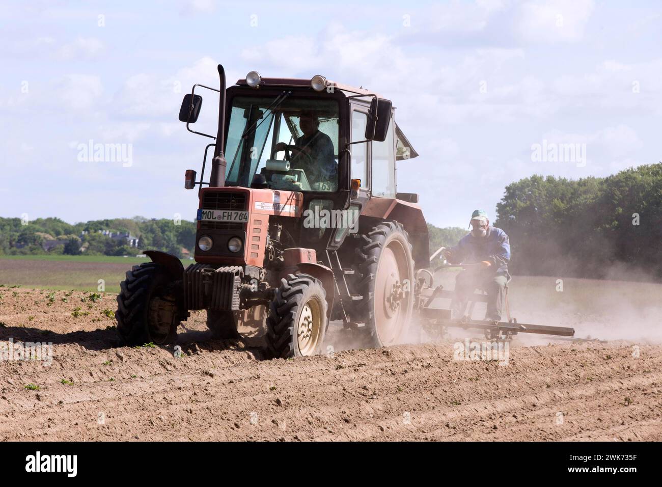 Tractor dragging a plume of dust behind it while working a potato field ...