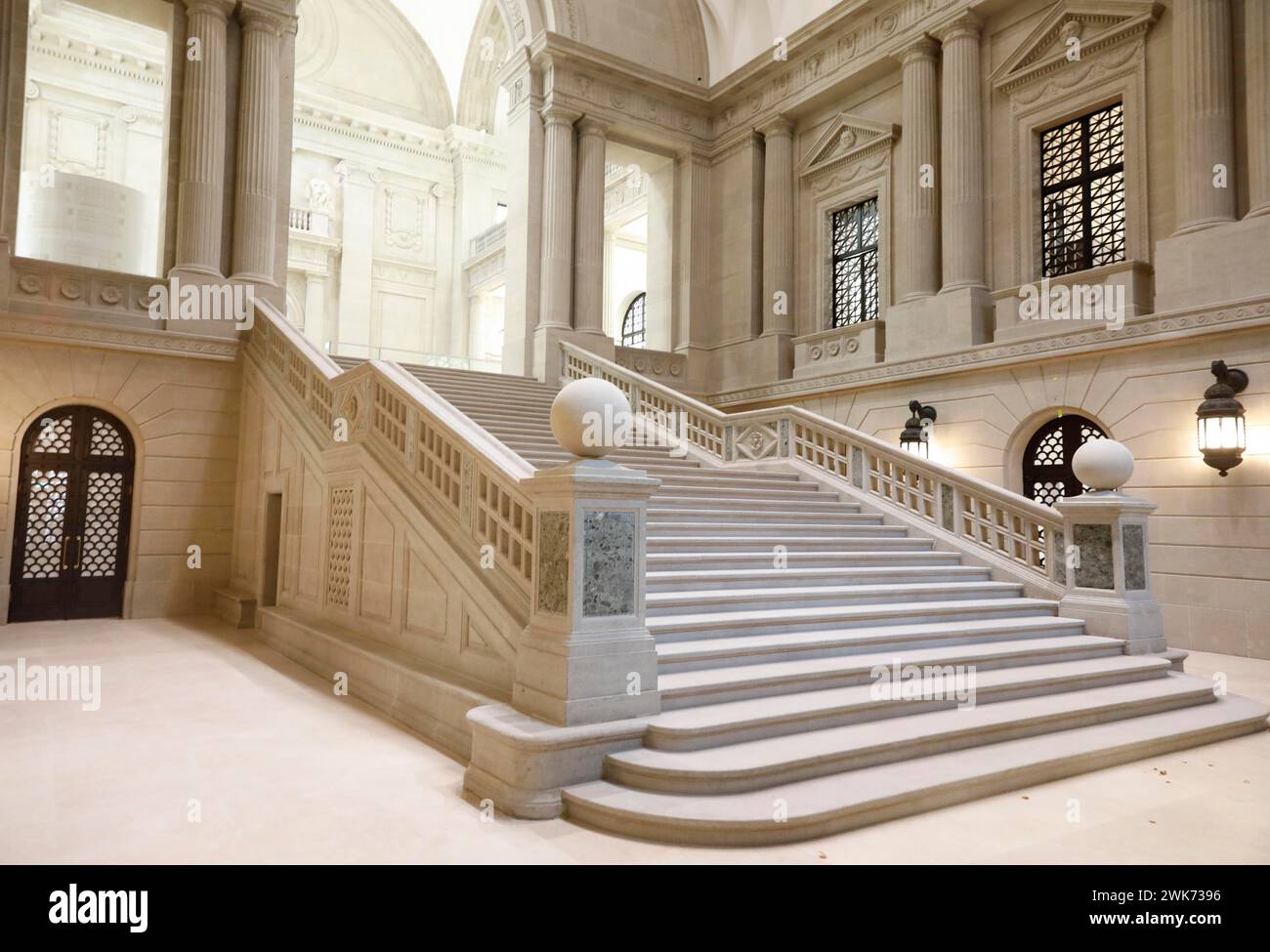 View of the renovated central staircase of the Berlin State Library in ...