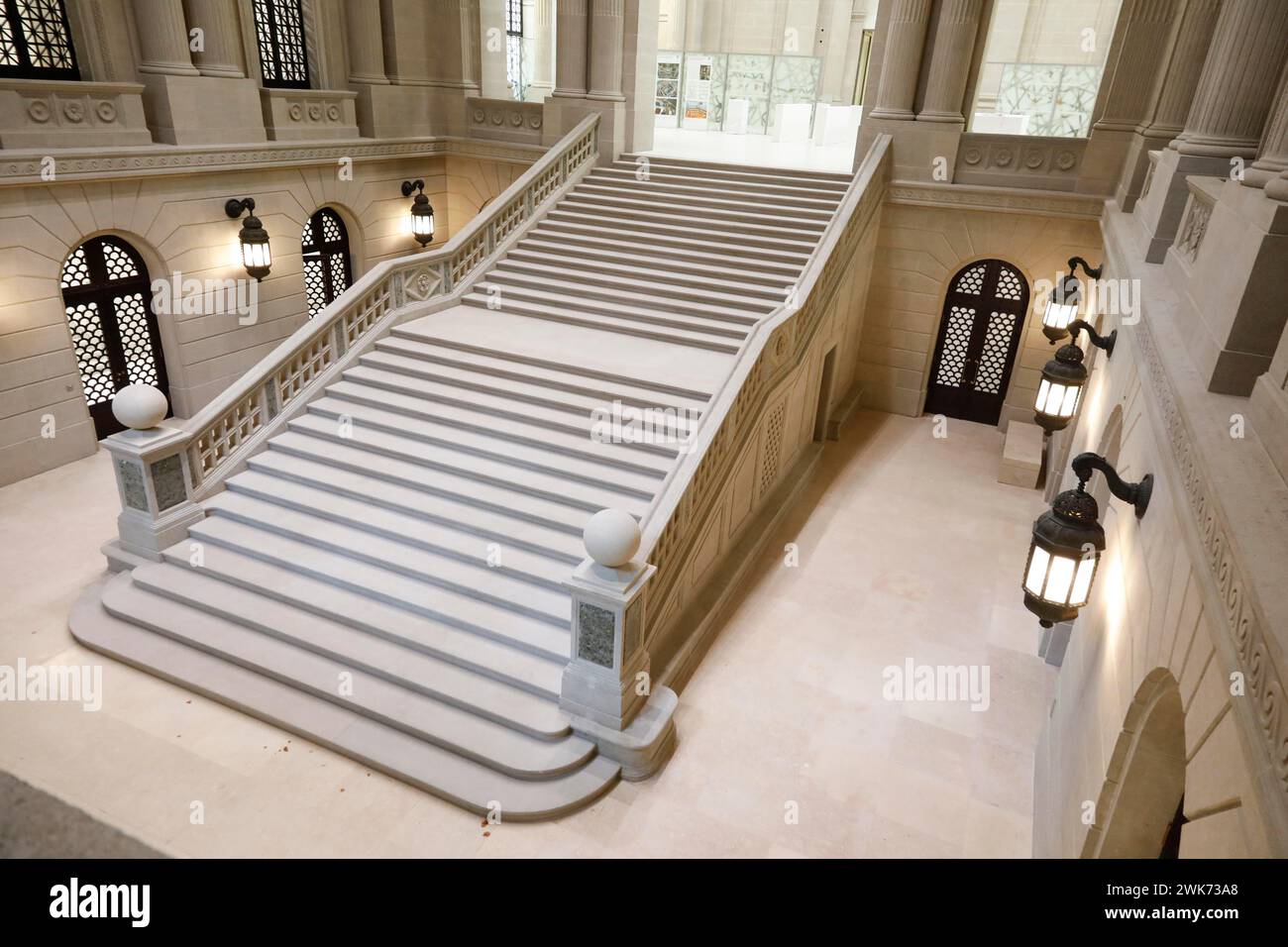 View of the renovated central staircase of the Berlin State Library in ...