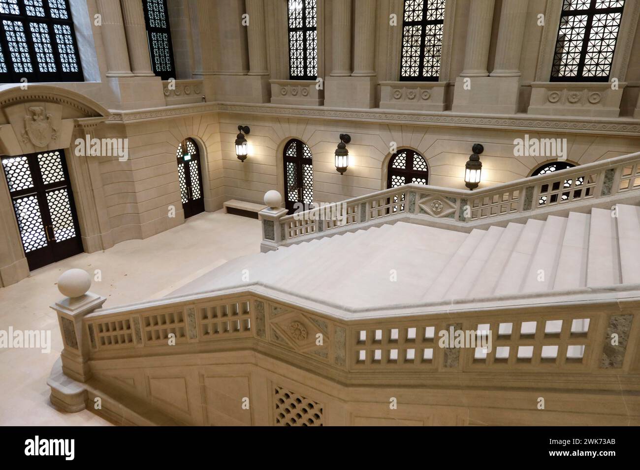 View of the renovated central staircase of the Berlin State Library in ...