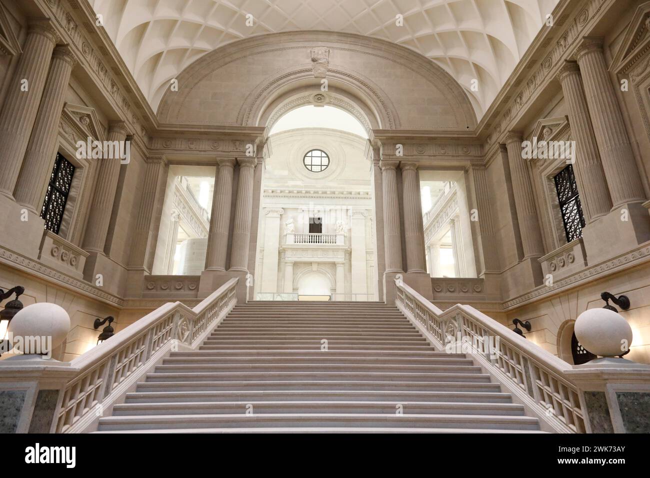 View of the renovated central staircase of the Berlin State Library in ...