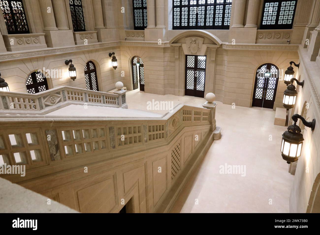 View of the renovated central staircase of the Berlin State Library in ...