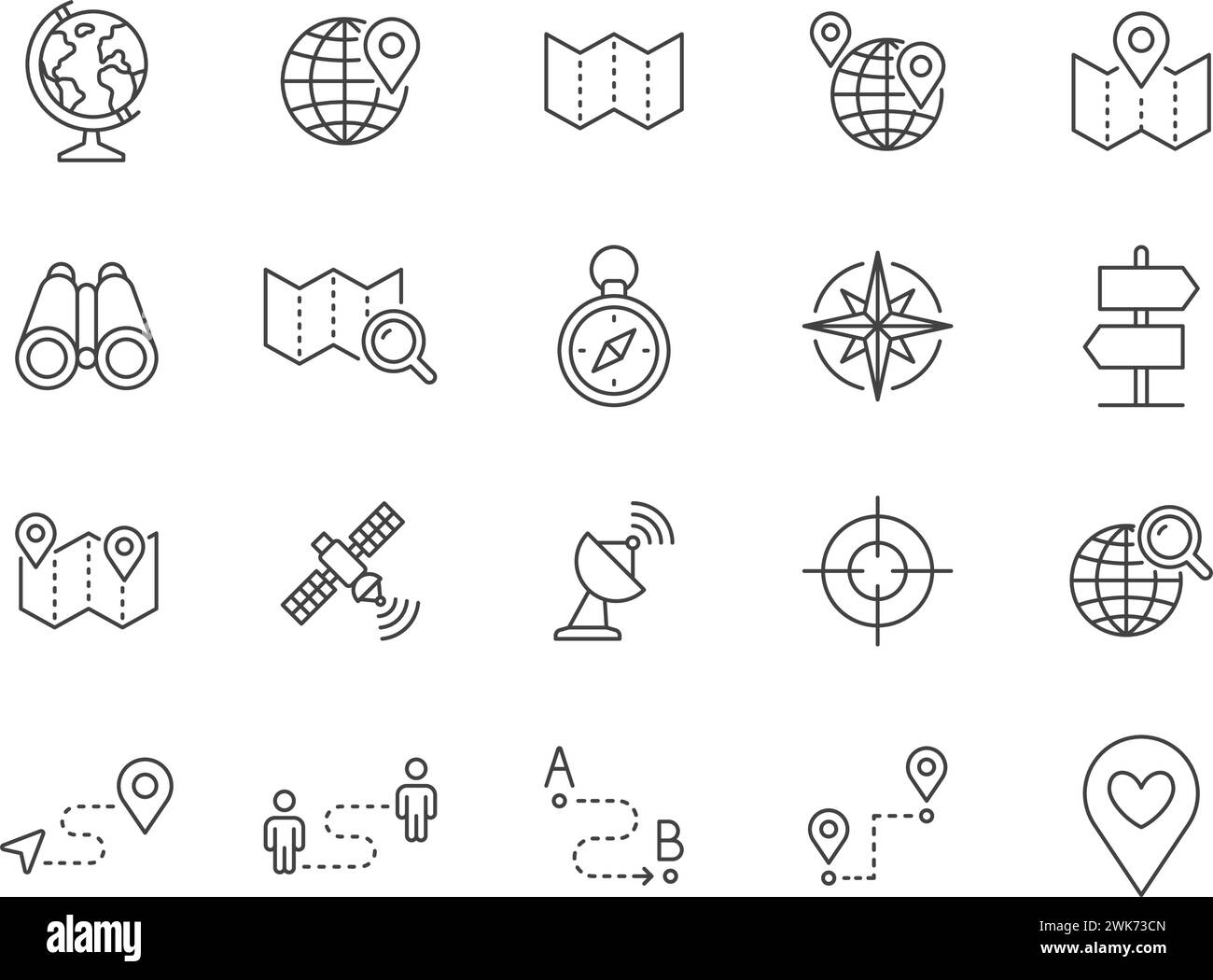 Location line icon set. Map pin, gps, route, distance marker, compass, satellite dish, wind rose ...