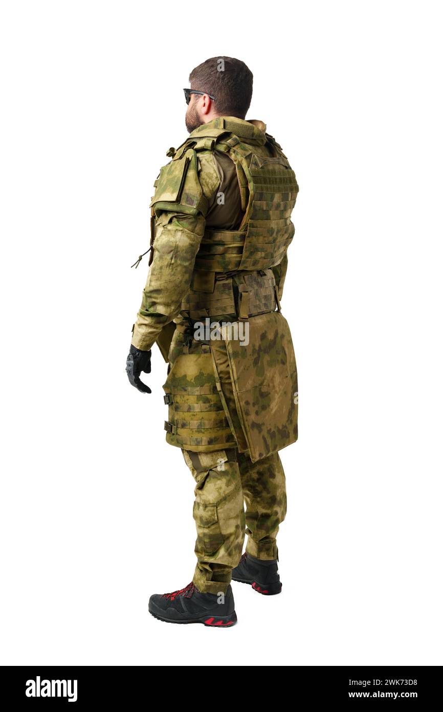 Back view of male soldier in military uniform isolated on white ...