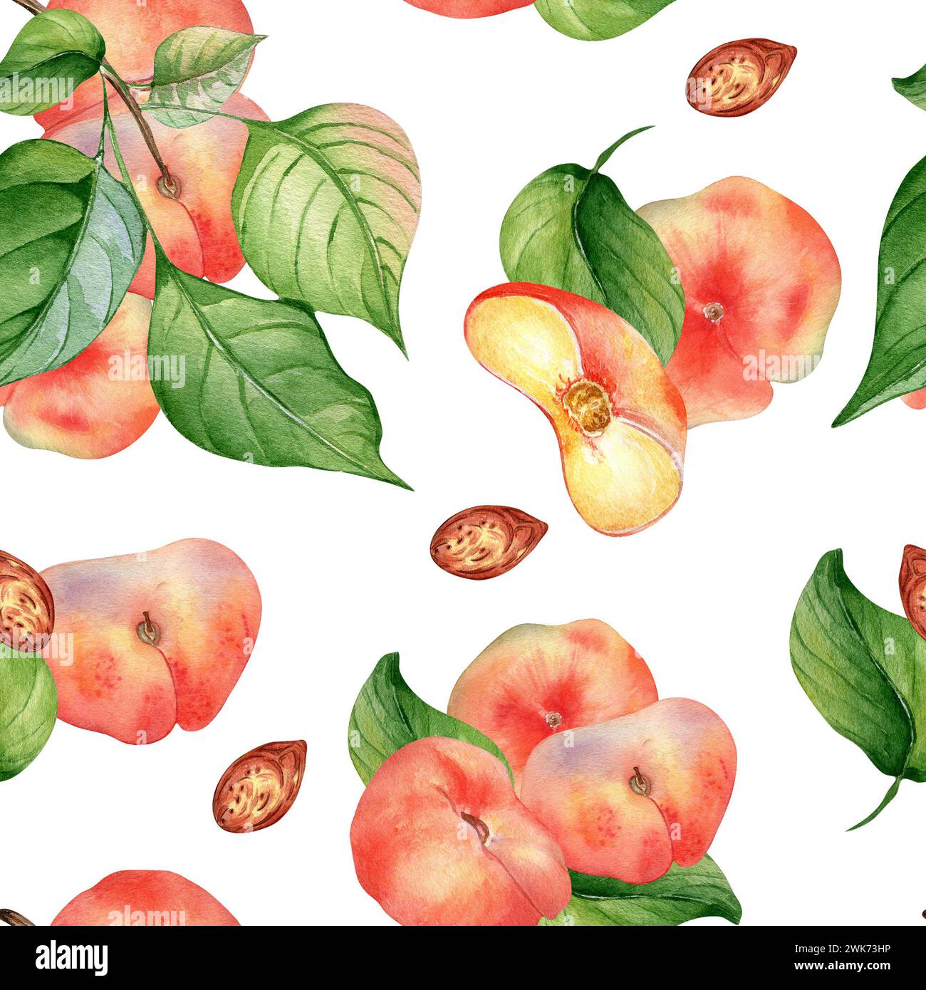 Chines fig peaches and leaves watercolor seamless pattern isolated on ...