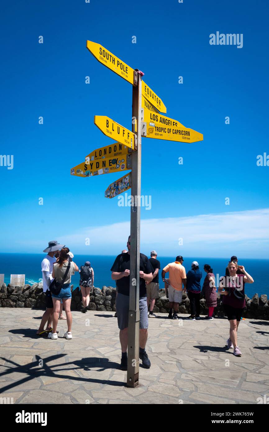 Sign pointing to world cities, Cape Reinga, Northland, North Island ...