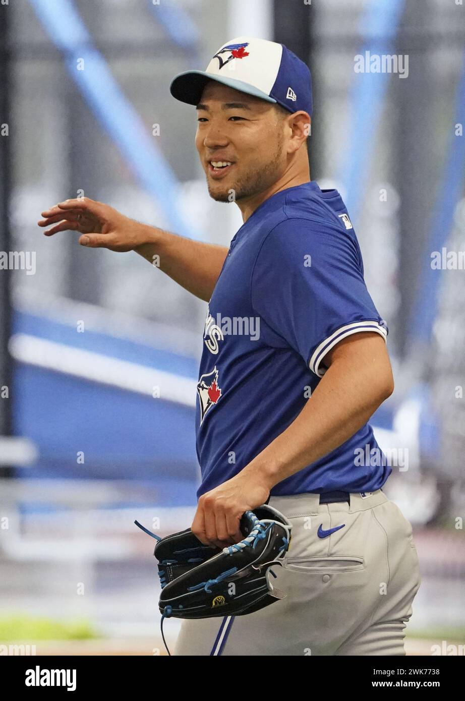 Toronto Blue Jays pitcher Yusei Kikuchi wraps-up a bullpen session ...