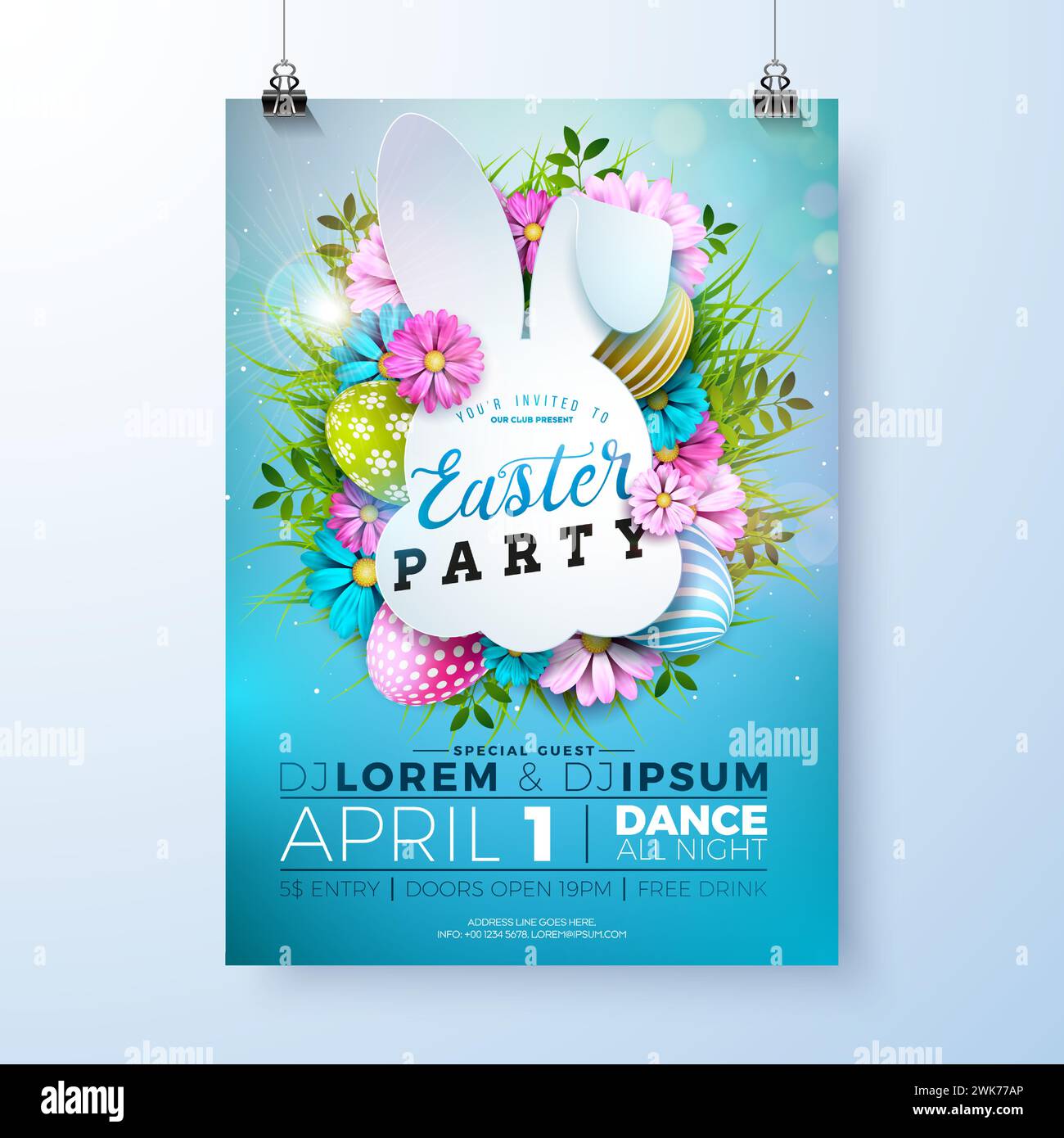 Vector Easter Party Flyer Illustration with painted eggs, rabbit ears ...