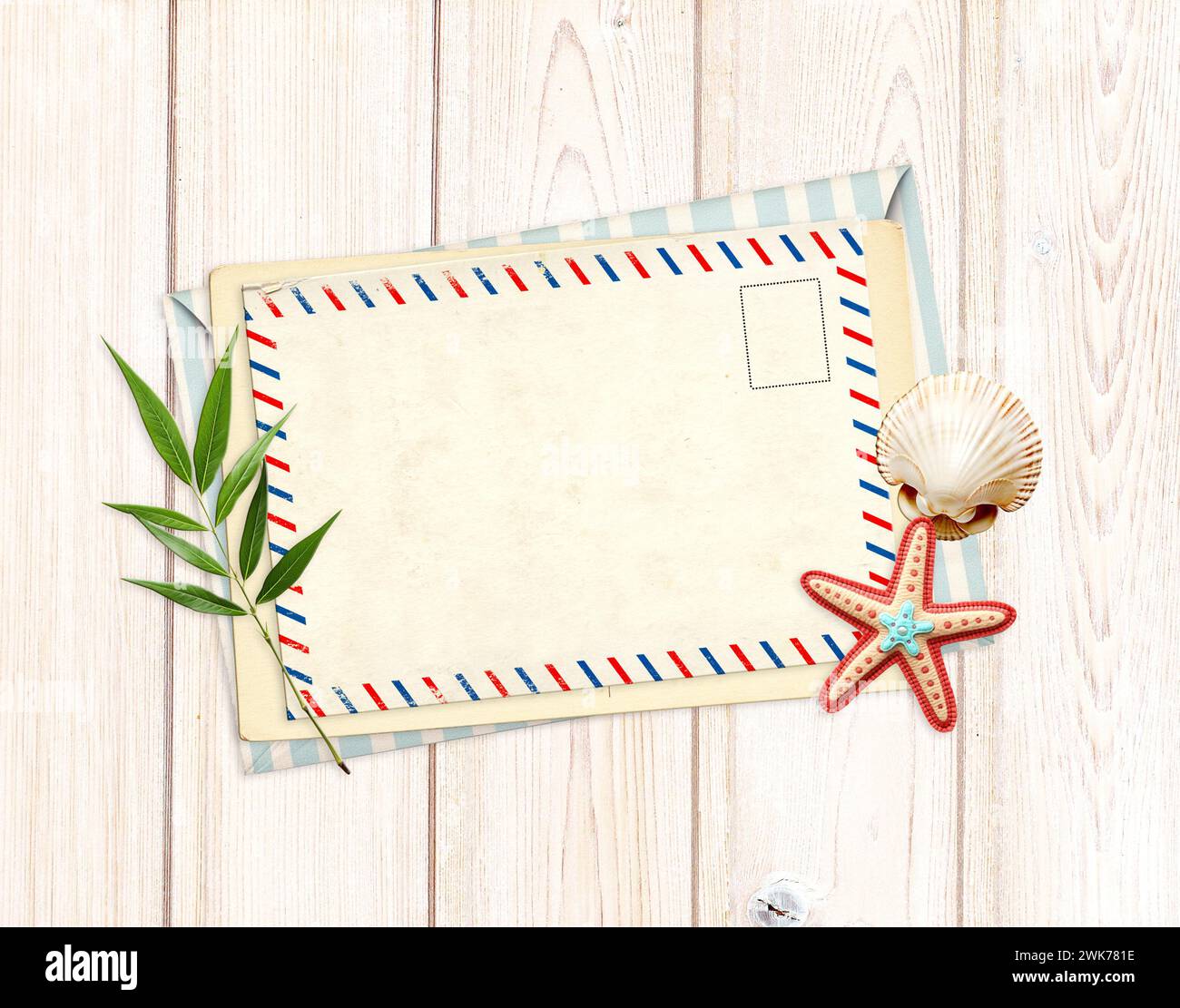 Vintage post card, envelope and souvenirs - green leaf, felt starfish ...