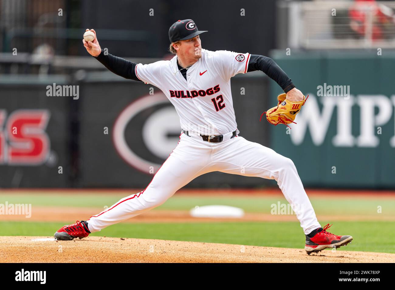 Georgia pitcher Leighton Finley (12) throws a pitch during an NCAA ...