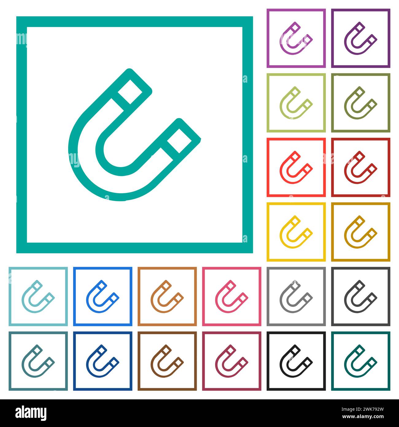 Horseshoe magnet outline flat color icons with quadrant frames on white ...