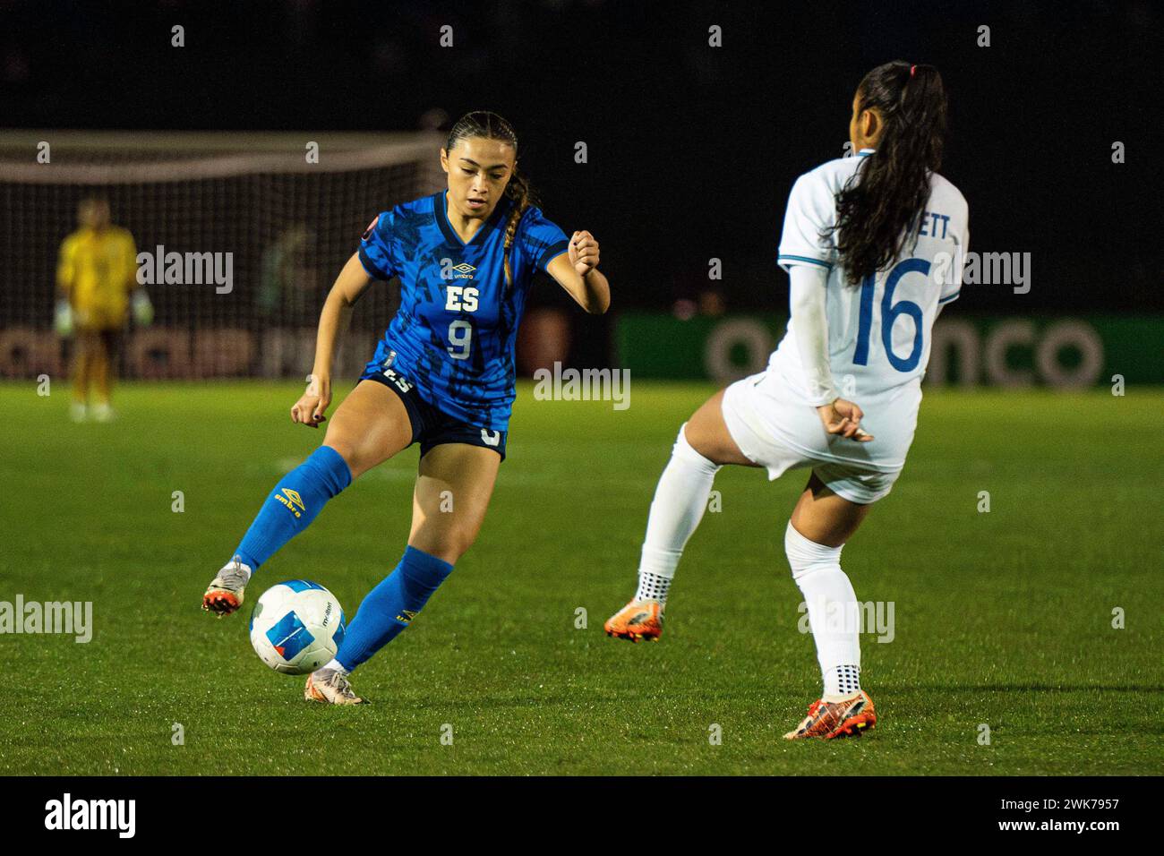 El Salvador forward Makenna Dominguez (9) is defended by Guatemala ...