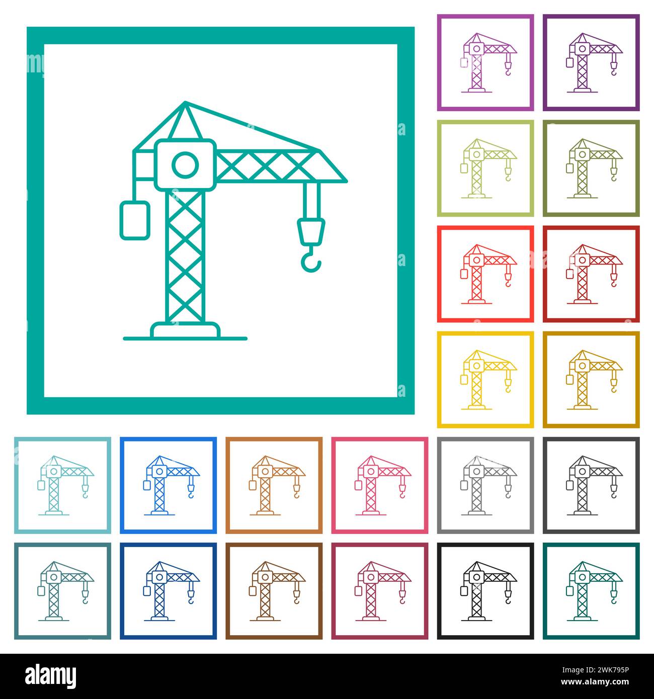Construction crane outline flat color icons with quadrant frames on ...