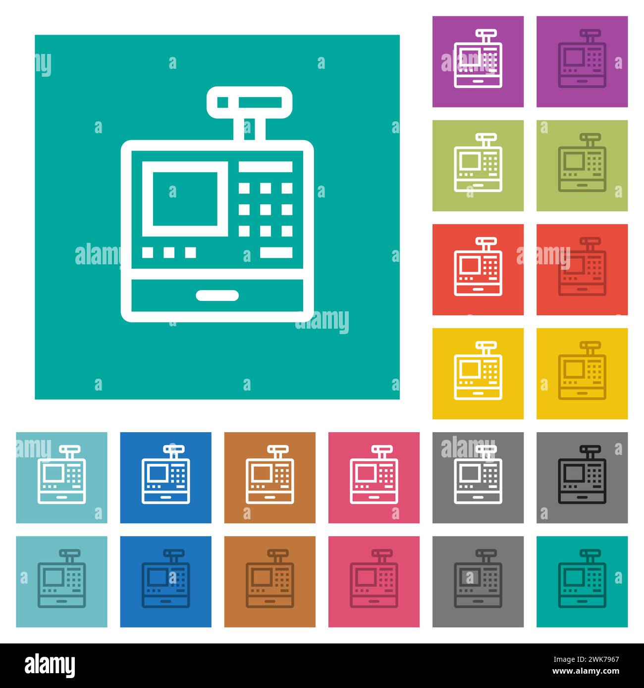 Cash register outline multi colored flat icons on plain square ...