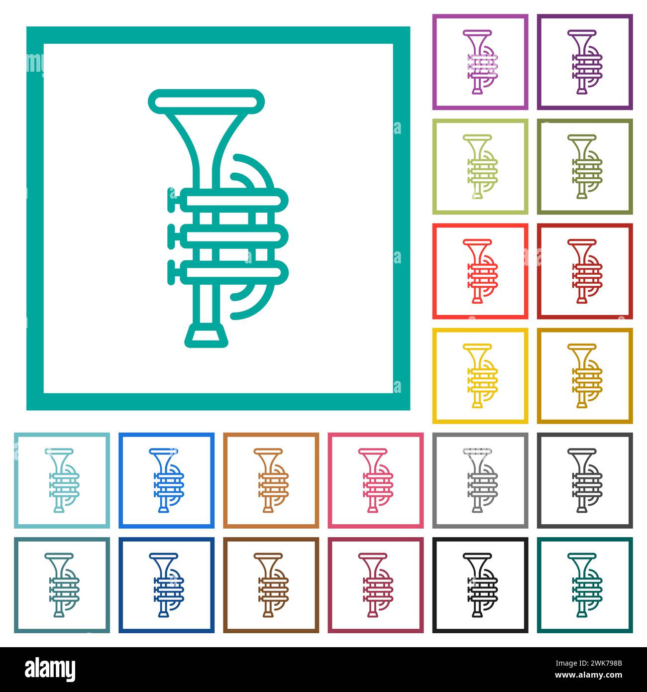 Trumpet outline flat color icons with quadrant frames on white ...