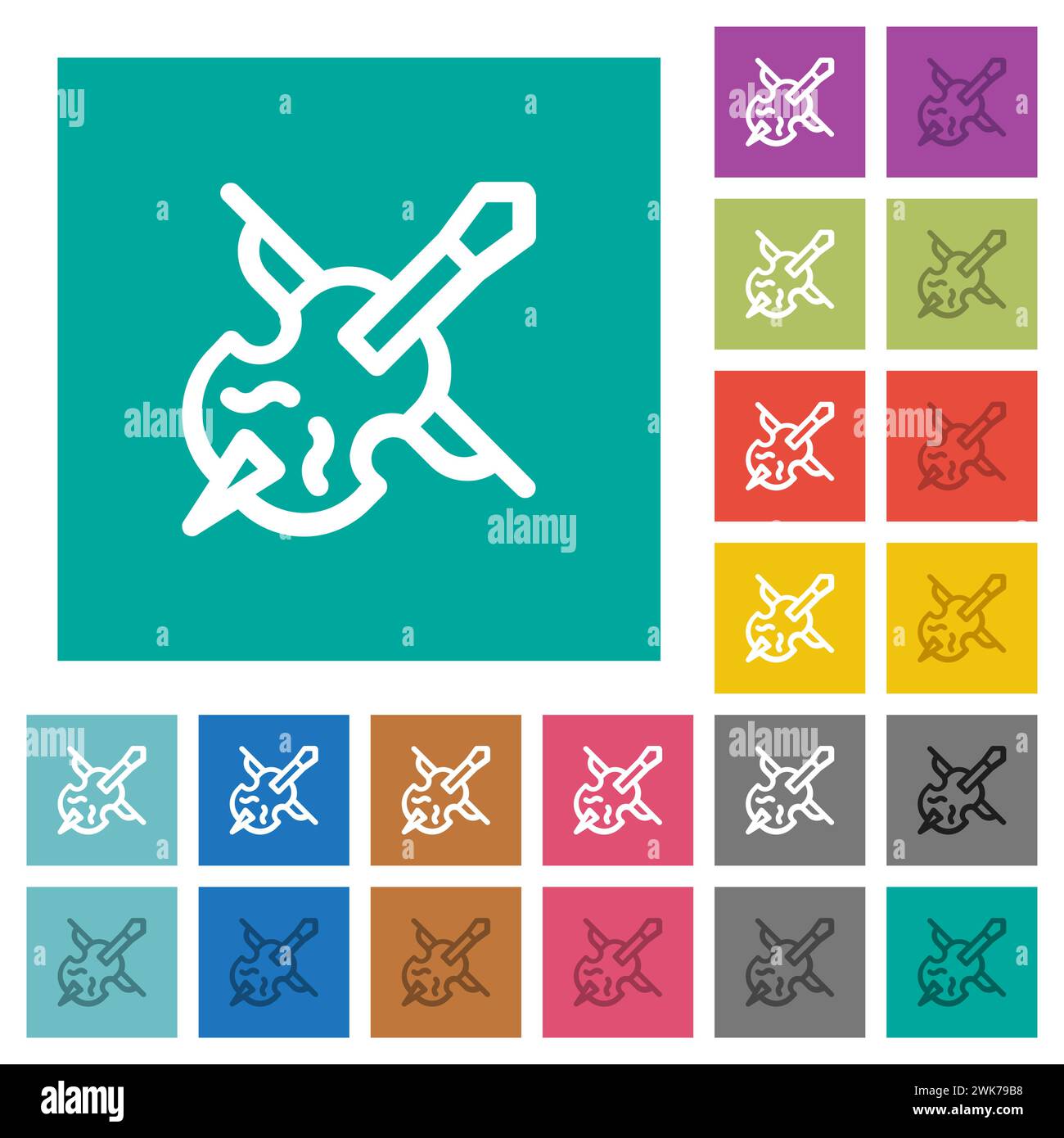 Double bass and bow outline multi colored flat icons on plain square ...