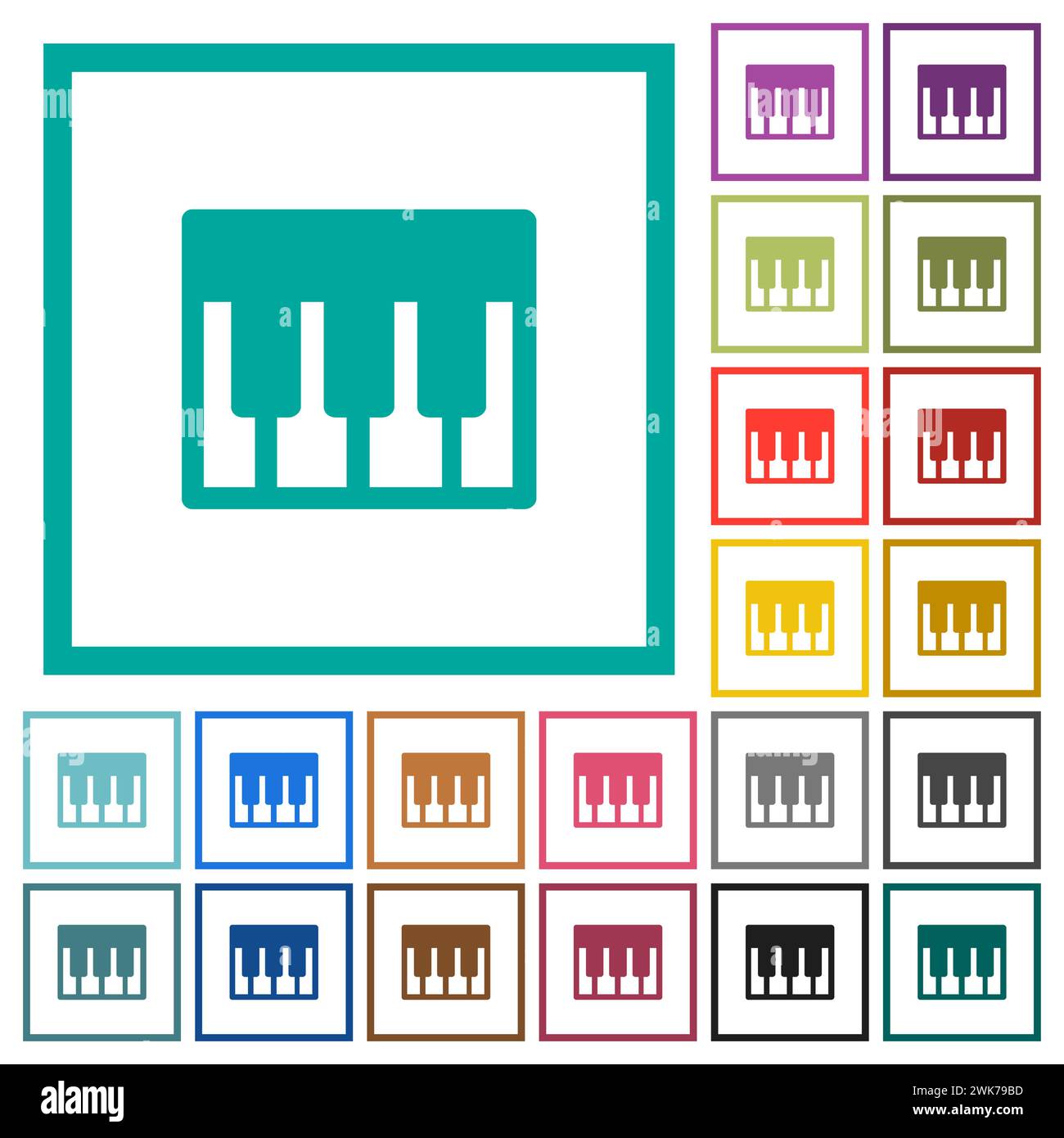 Piano keyboard solid flat color icons with quadrant frames on white ...