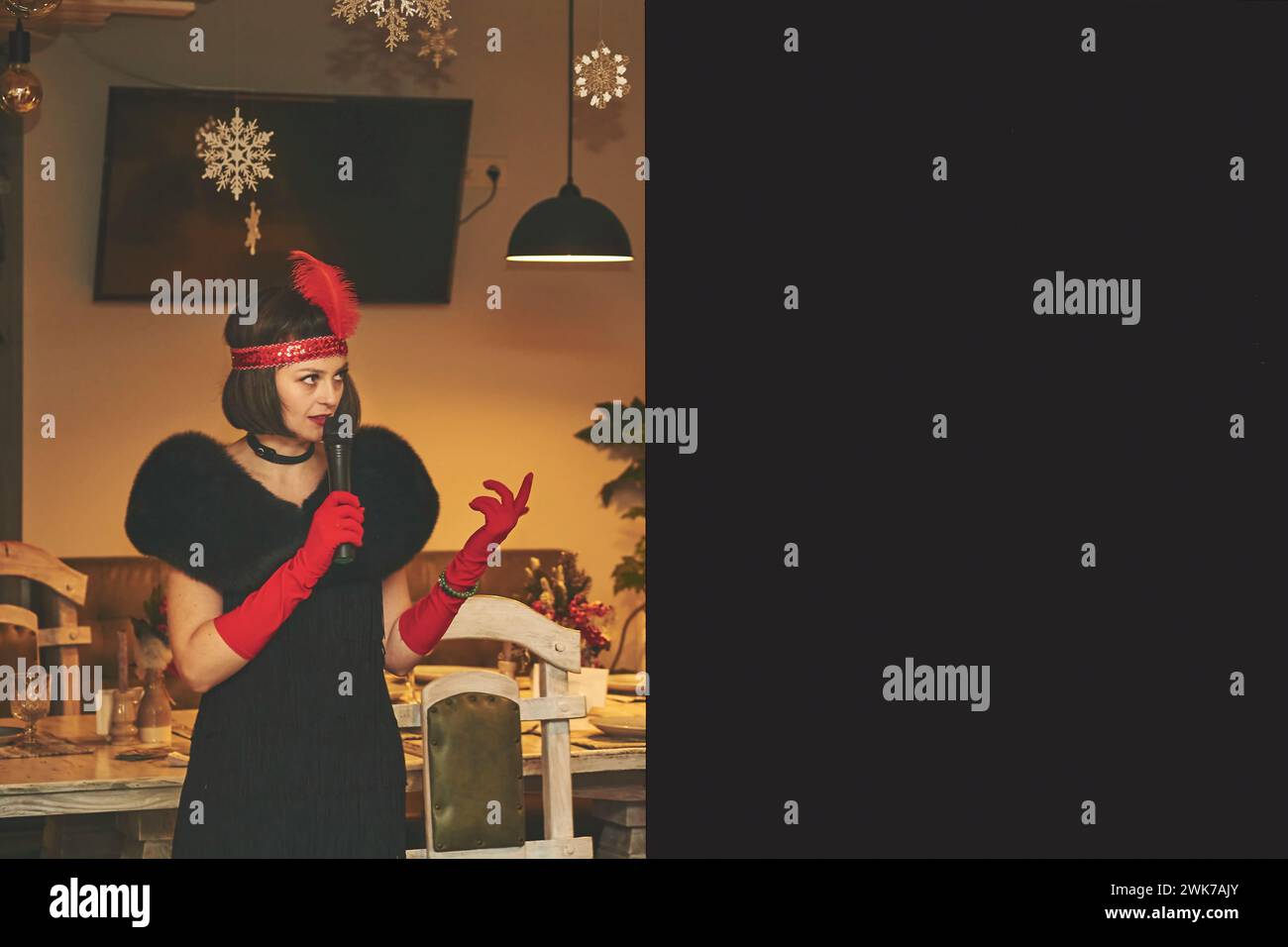 Cute event host woman, wedding presenter in black red vintage style ...