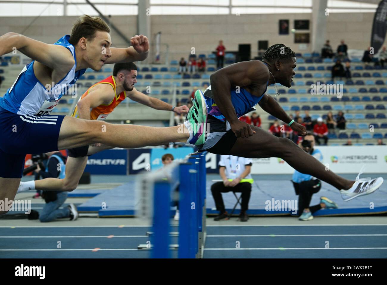 Miramas, France. 18th Feb, 2024. Makenson Gletty wins the 60 m hurdles ...