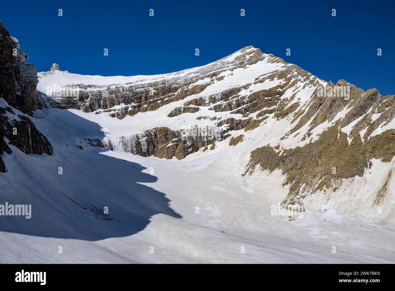 Snow-capped Taillon peak and glacier, with remains of some avalanches ...
