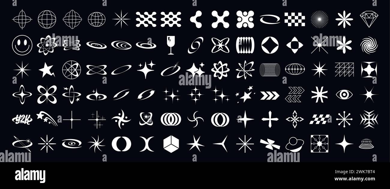 Retro Y2K futuristic elements vector graphic assets set. Bold modern shapes object in Y2K style ...