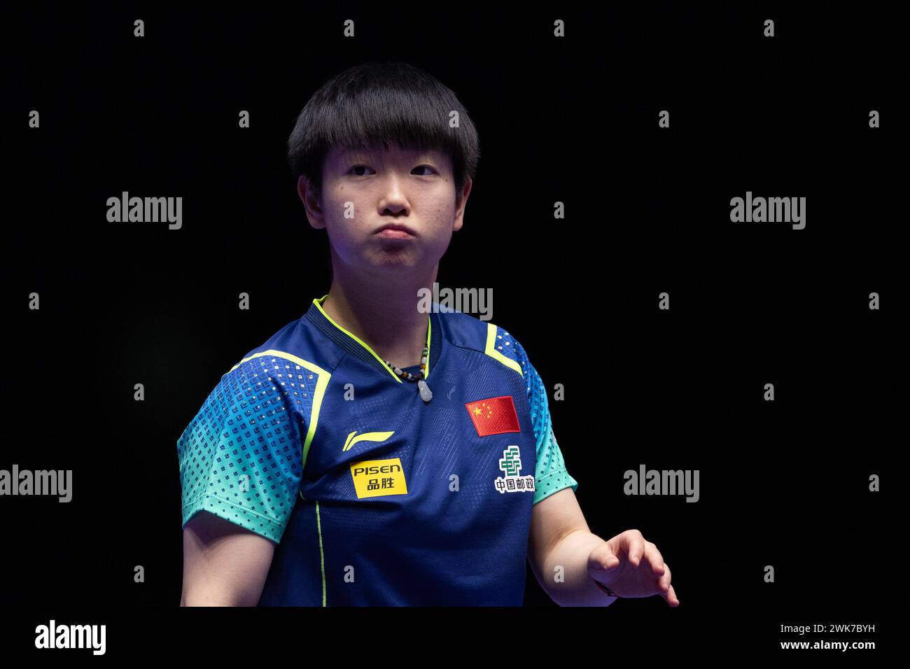 Busan, South Korea. 19th Feb, 2024. Sun Yingsha of China reacts while competing against Mercedes ...