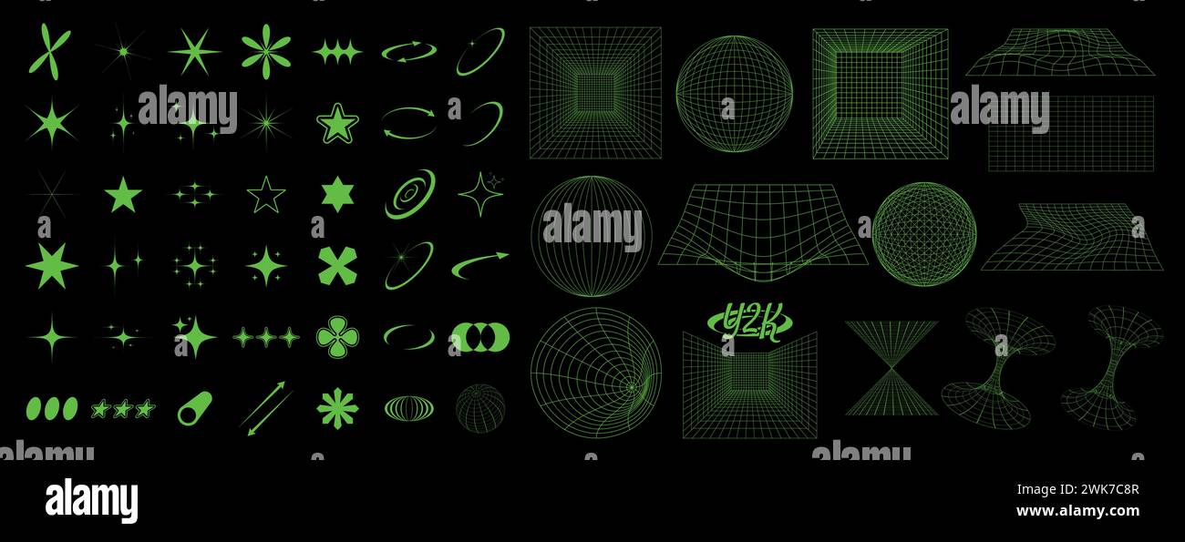 Wireframe retro futuristic geometric elements shape a big collection set. Y2k elements for ...