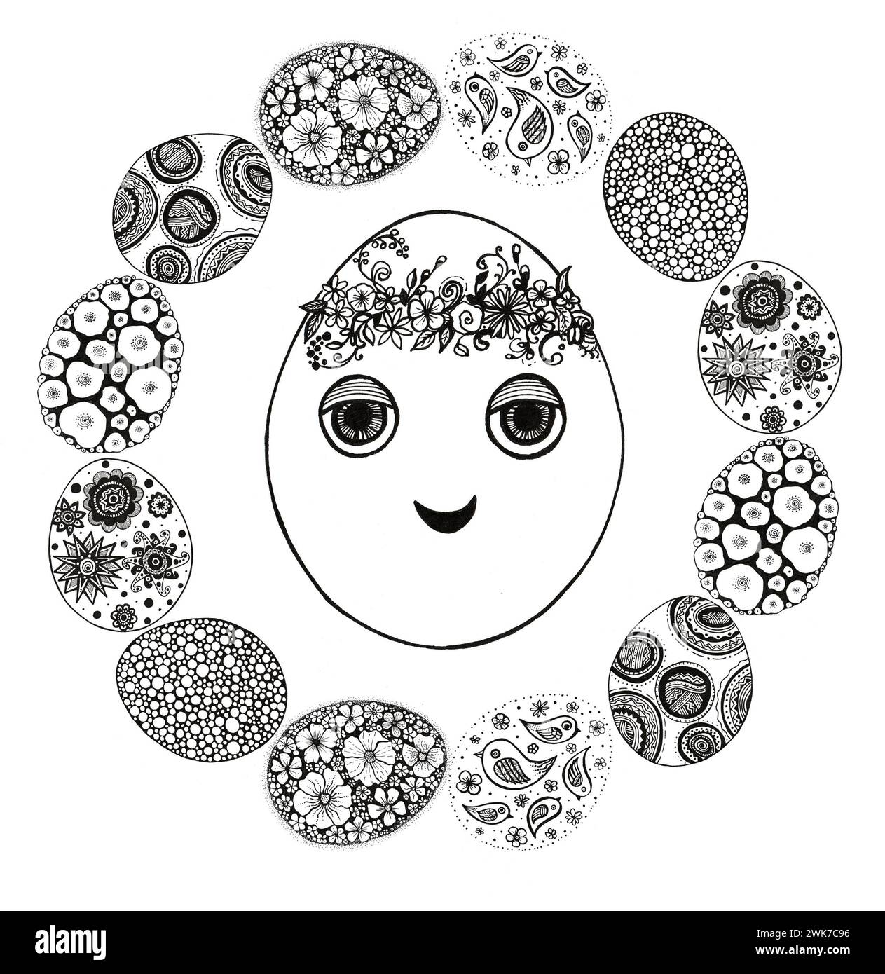 Egg Character With Eyes Smile And Wreath Of Flowers Leaves Egg Is Inscribed In Round Frame Of