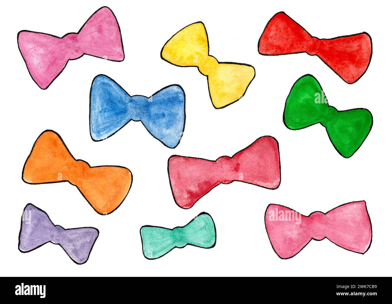 A set of silhouettes of colorful bows. Watercolor drawing with black ...