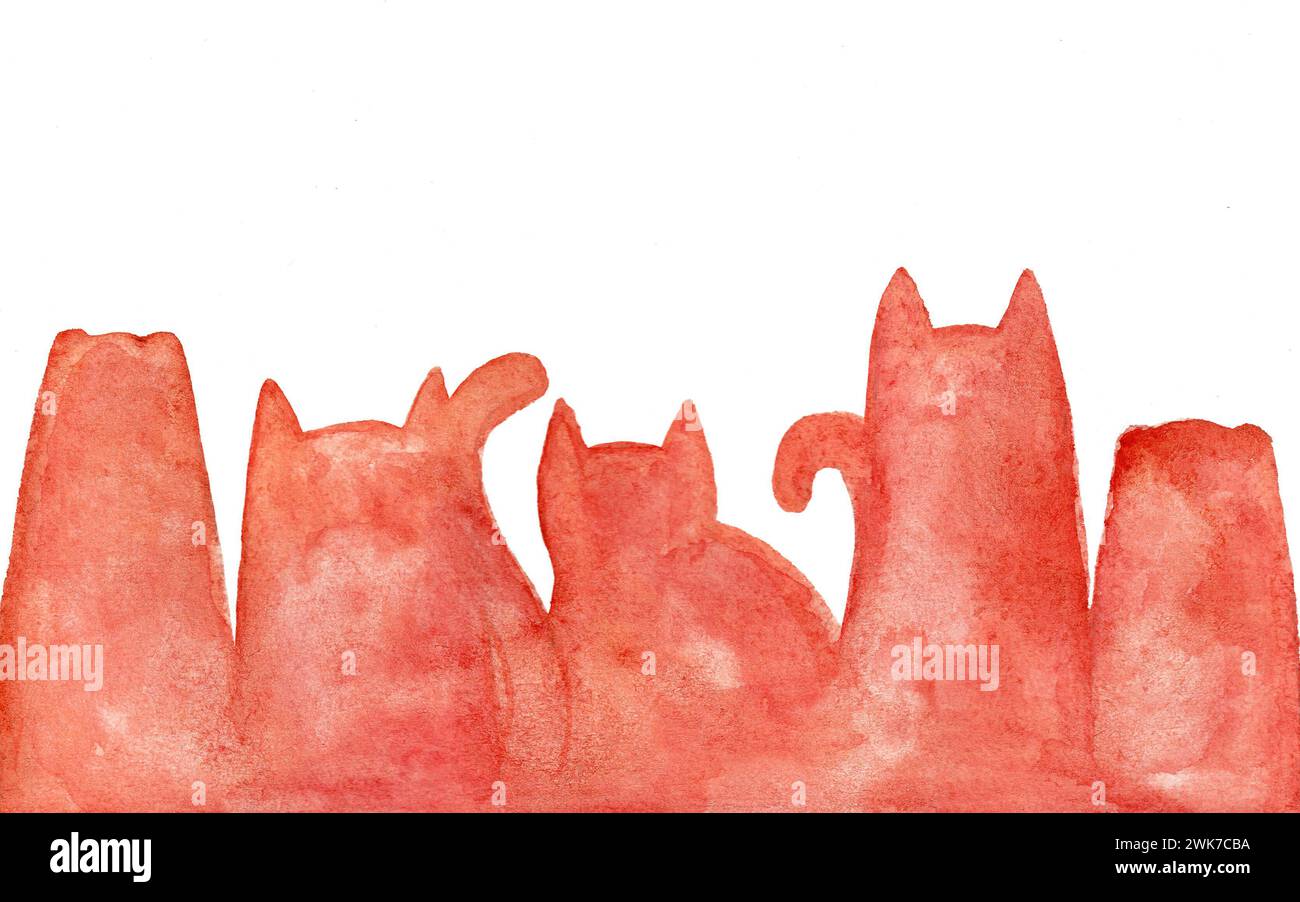 Panorama of silhouettes of cats from the back. Peach color on a white ...