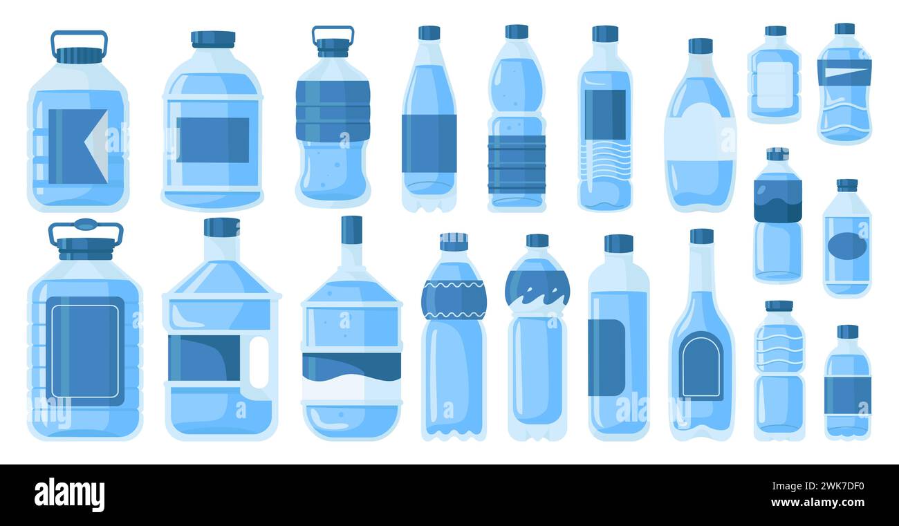 Water plastic bottles. Mineral bottled drinks with empty labels. Transparent containers with ...