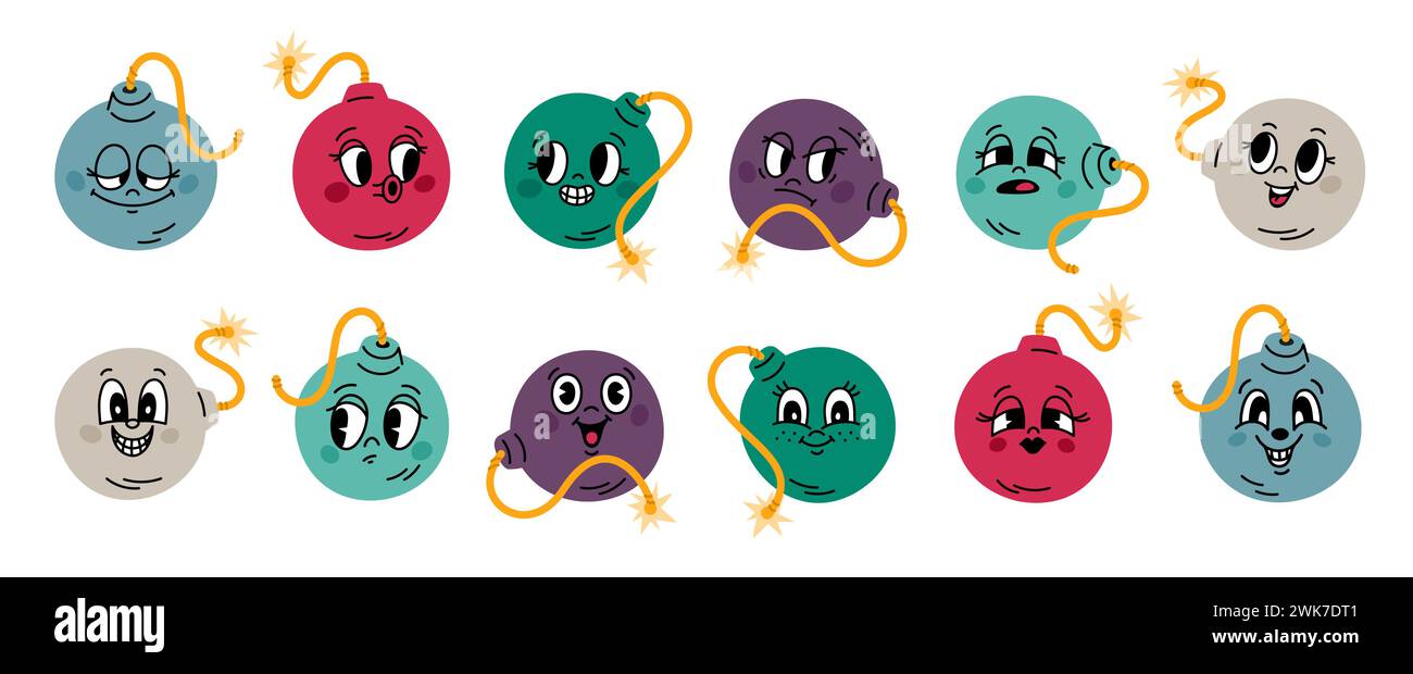 Cartoon comic bomb characters. Round explosives with wicks and retro ...