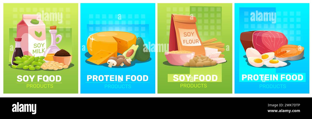 Soy products cards. Natural soybean food. Farm meat. Fresh fish and ...
