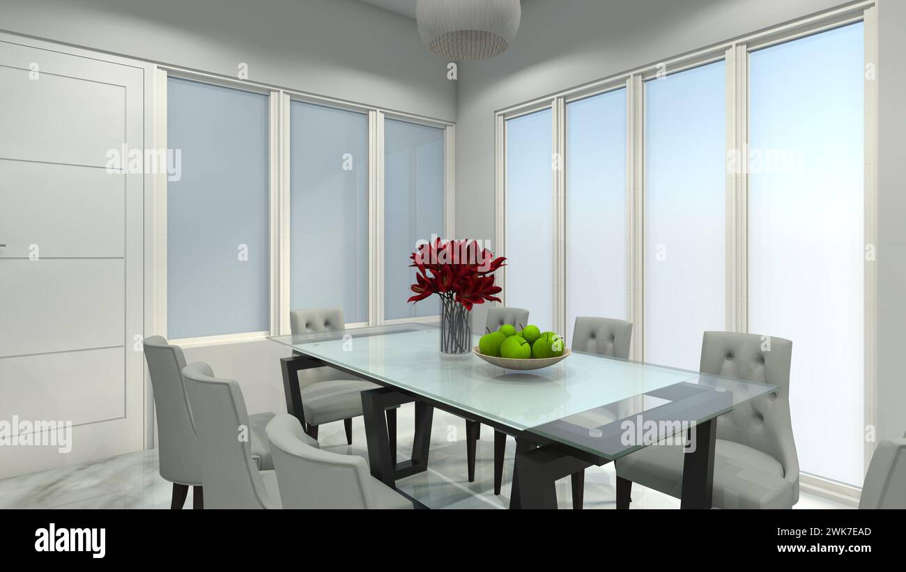 Interior Dining Room Design with Set Dining Table and Large Glass ...