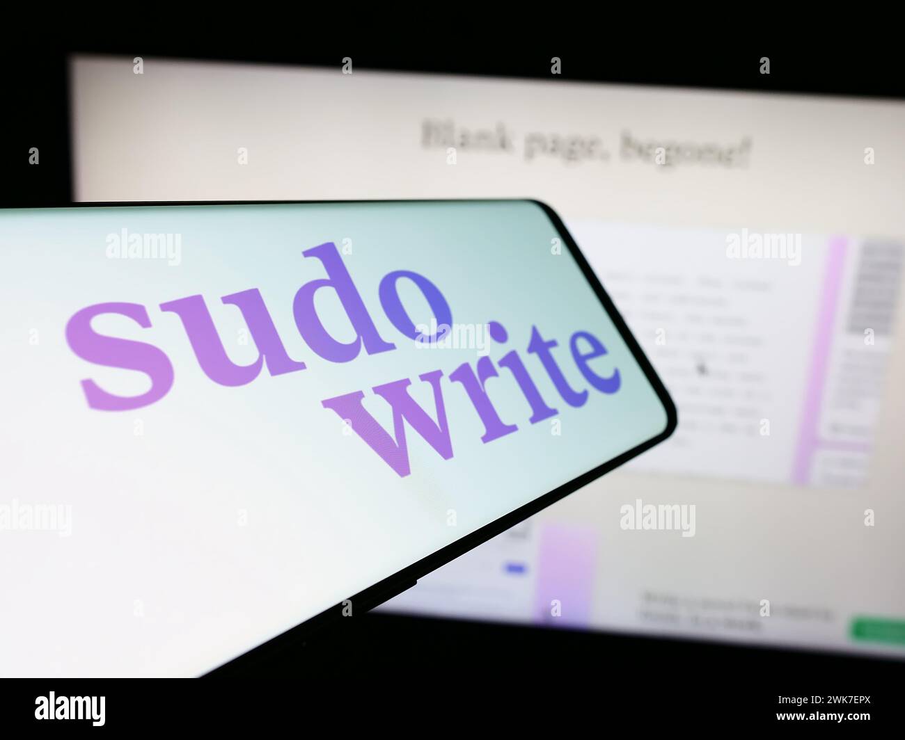 Cellphone with logo of artificial intelligence writing assistant company Sudowrite in front of ...