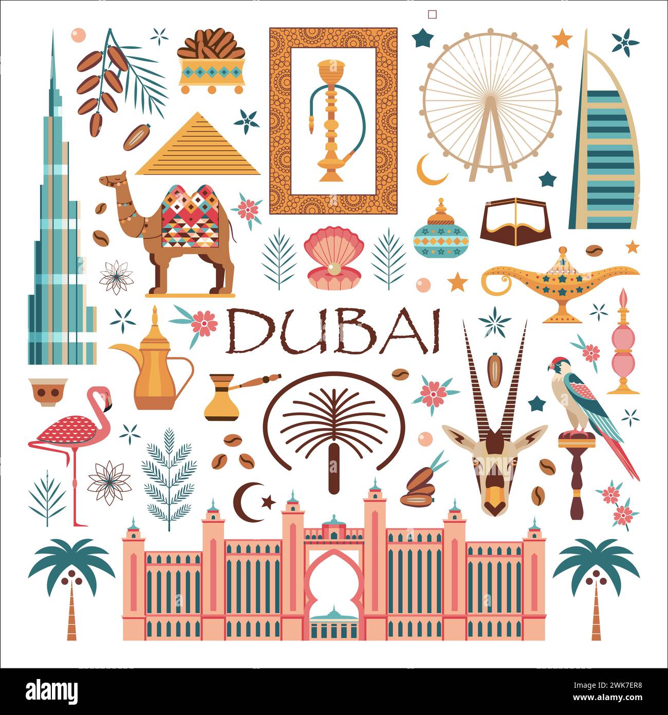 Dubai Travel Poster with UAE Landmarks and Symbols Stock Vector Image ...