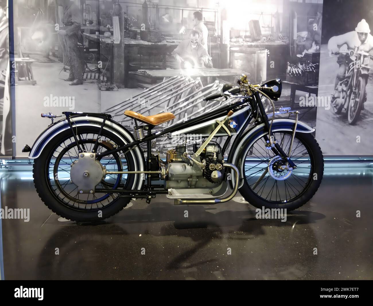 Vintage motorcycle with antique photograph on wall in background Stock ...