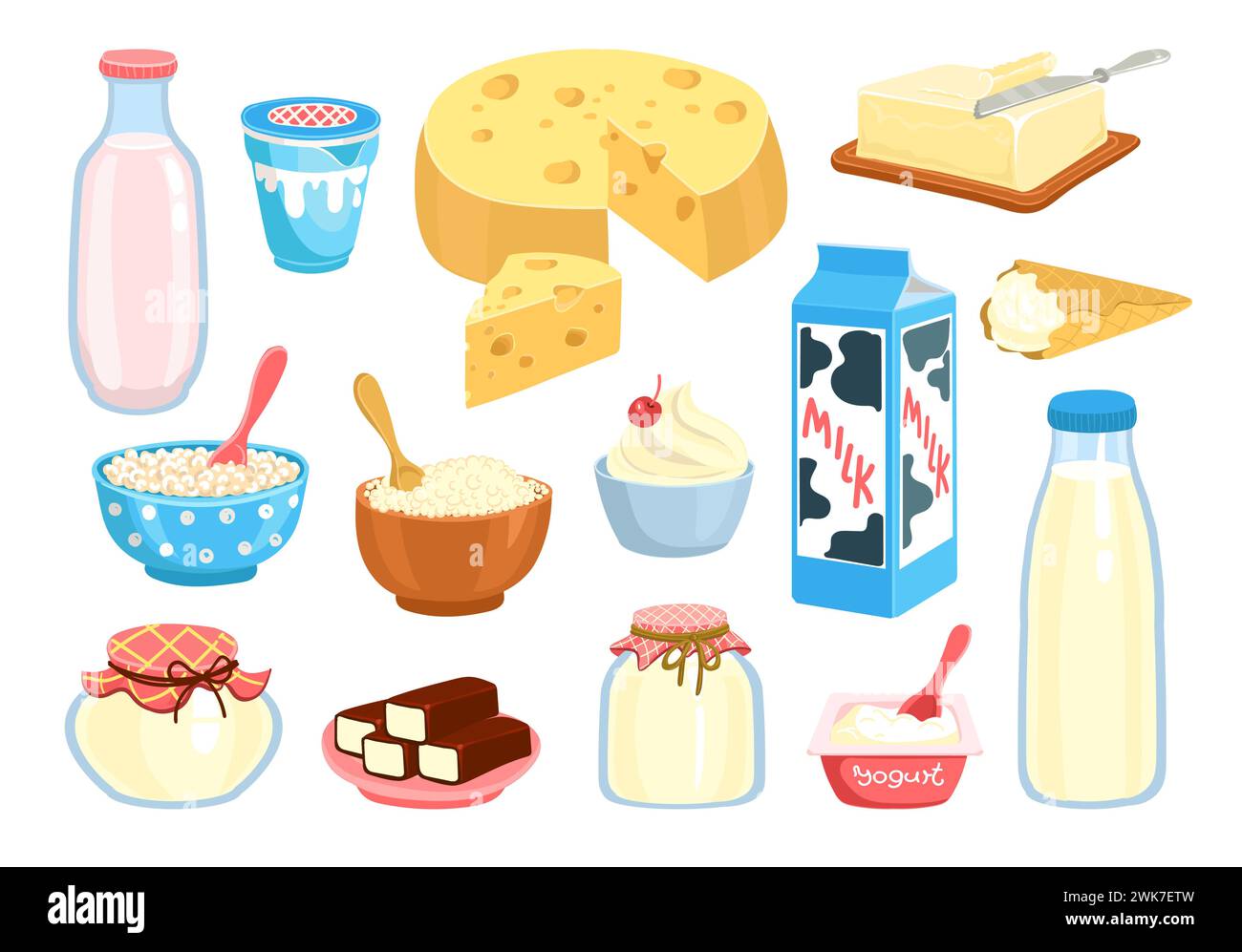 Cartoon milk products. Dairy organic food. Yoghurt bottle. Cheese and ...