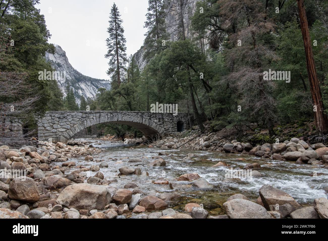 The old stone Happy Isles bridge over the Merced river in Yosemite ...