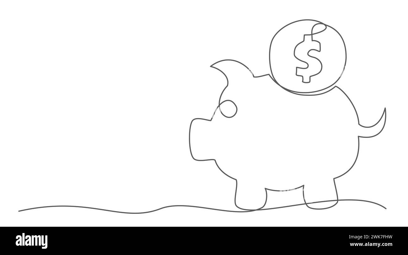 Piggy bank One line drawing isolated on white background Stock Vector ...