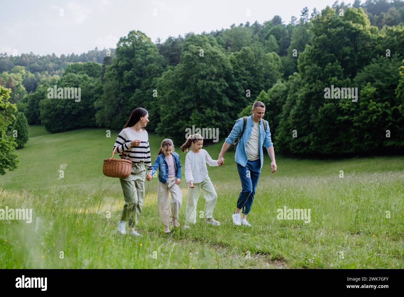 Family on interesting walk in forest, going through meadow. Mushroom ...