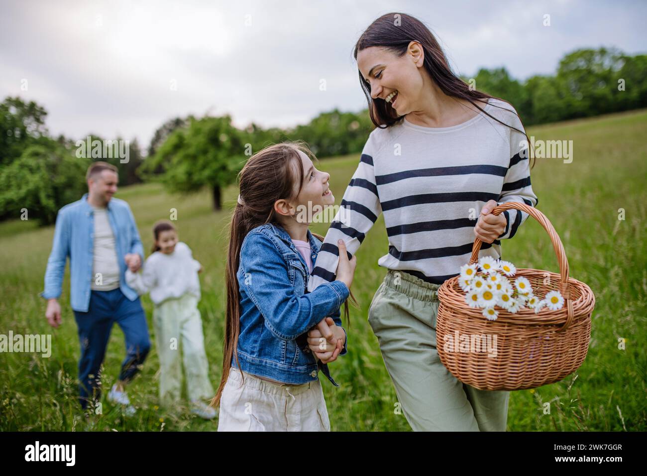 Family on interesting walk in forest, going through meadow. Mushroom ...