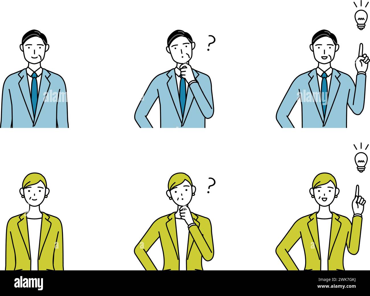 Simple line drawing of man and woman in suits(Middle-aged, president ...