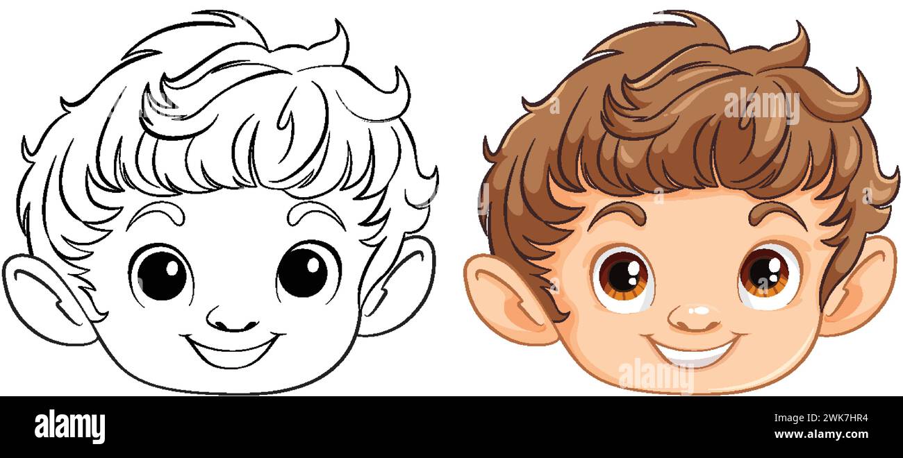 Vector illustration of a boy's face, before and after coloring Stock ...