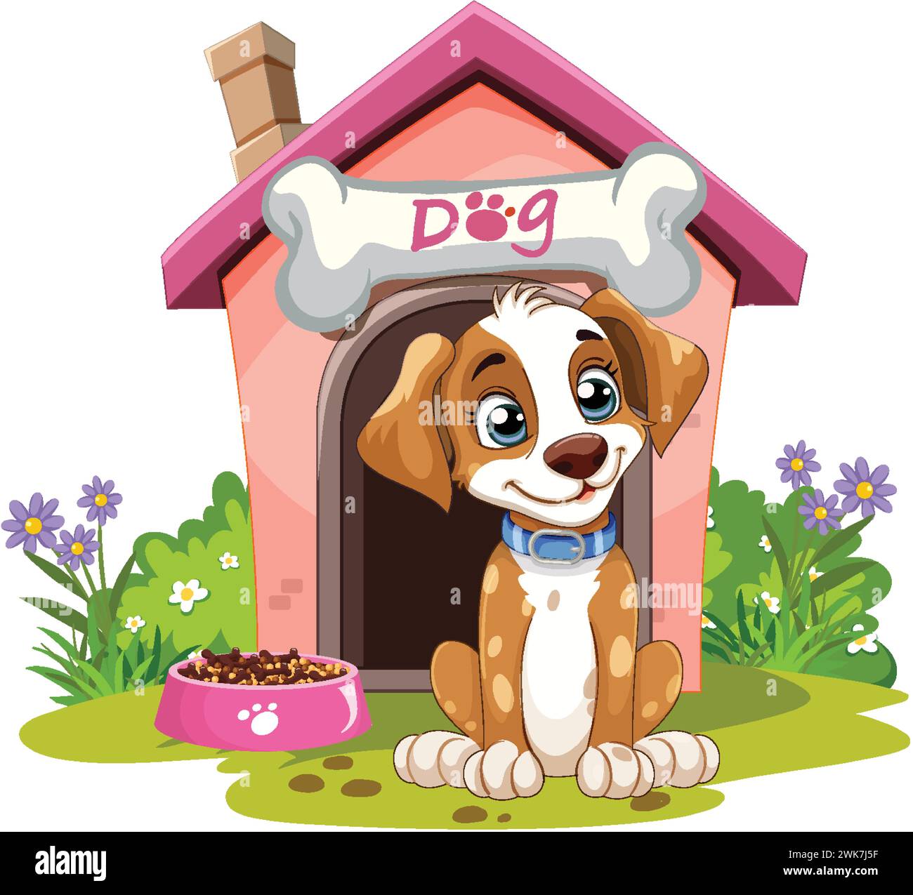Cartoon puppy sitting by its colorful doghouse Stock Vector Image & Art ...