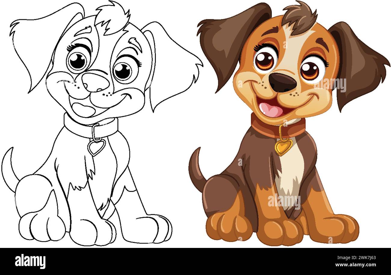 Two cartoon dogs smiling, one colored and one outlined Stock Vector ...
