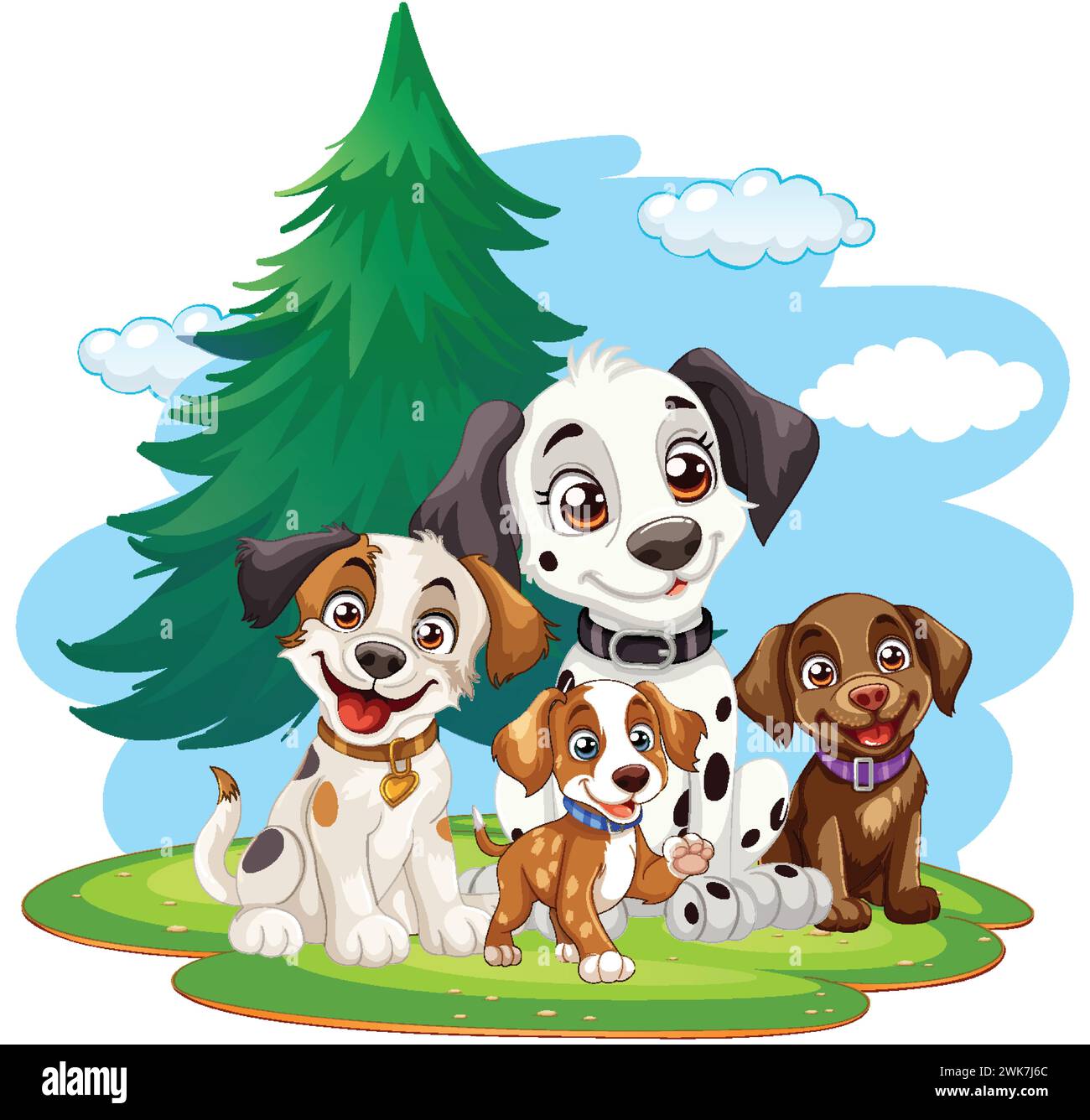 Three cartoon dogs sitting happily near a tree Stock Vector Image & Art ...