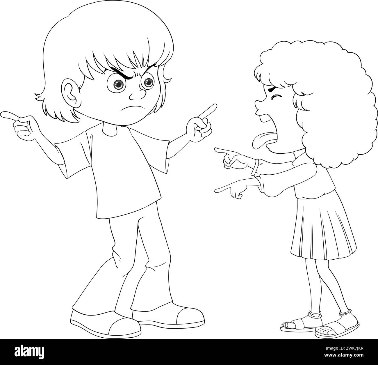 Two cartoon children arguing, black and white drawing Stock Vector ...